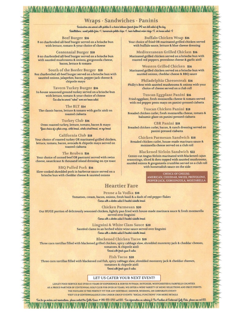 Menu - Centennial Golf Club of NY